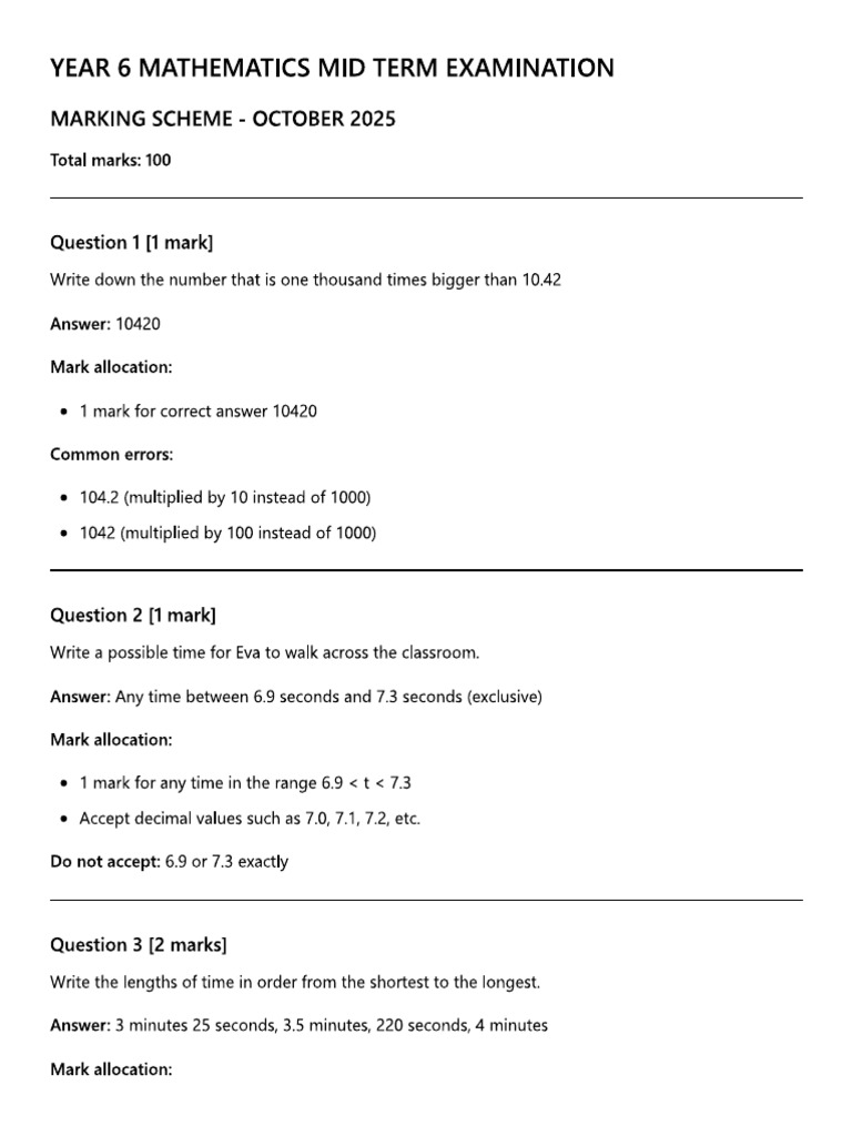 Year 6 Mid Term Test Marking Scheme | PDF
