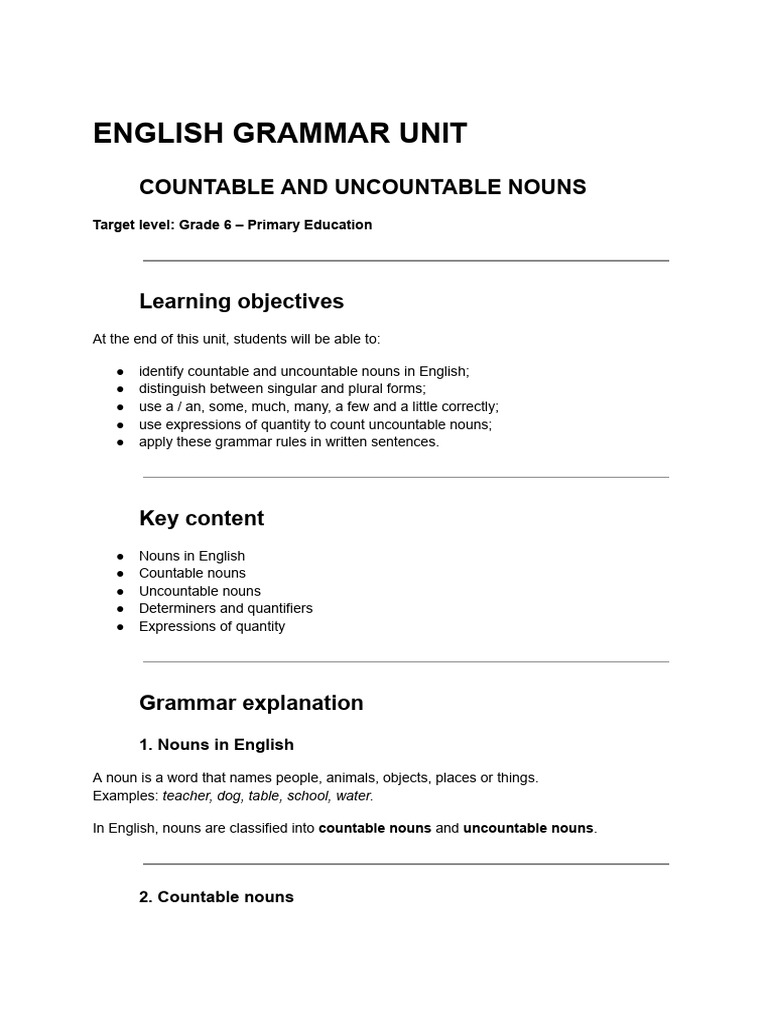 English Grammar Unit Countable Uncountable Grade6 | PDF | Noun | Plural
