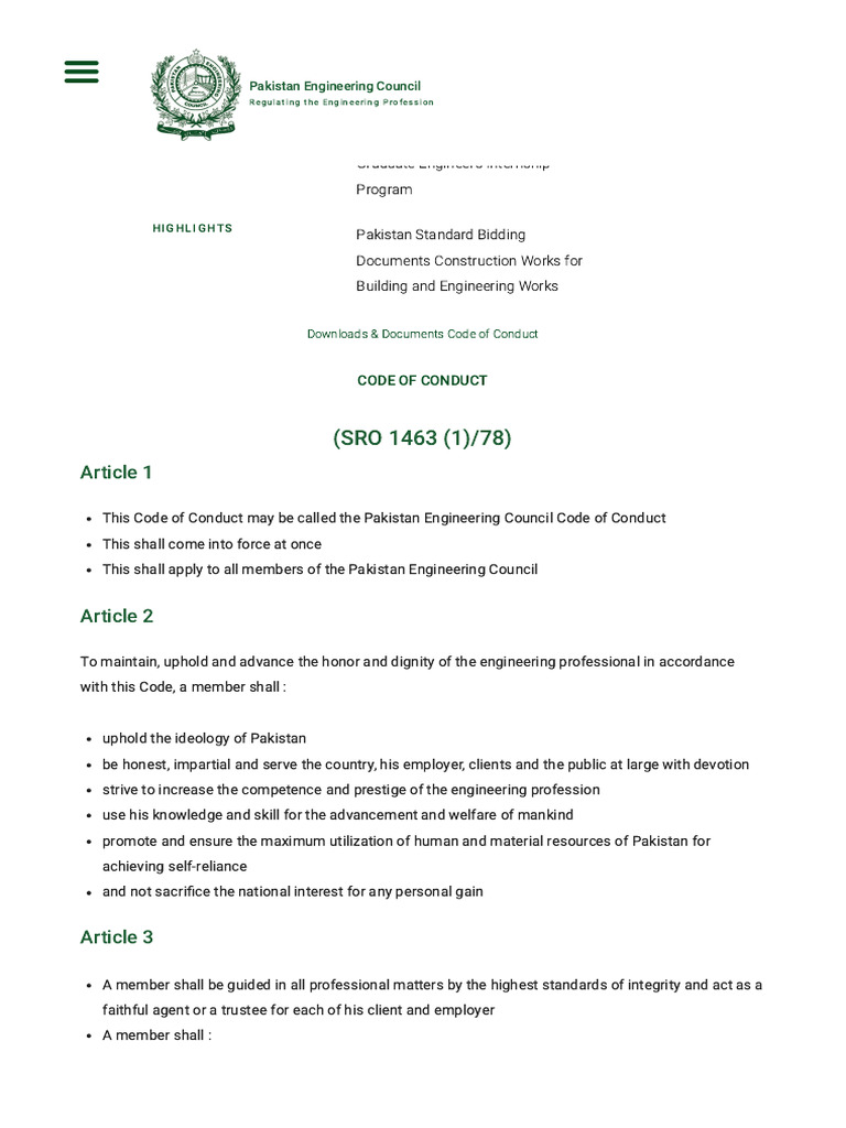 Code of Conduct Pakistan Engineering Council - PEC | PDF | Employment ...
