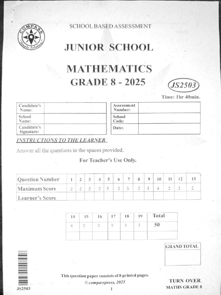 Grade 8 003 School Based Assessment All Subjects With Marking Scheme ...