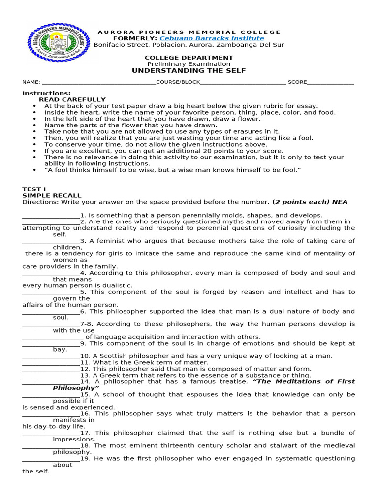 Prelim Exam Understanding | PDF | Soul | Metaphysics