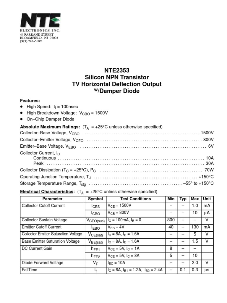 D2581 (Nte2353) | PDF | Bipolar Junction Transistor | Electronic ...