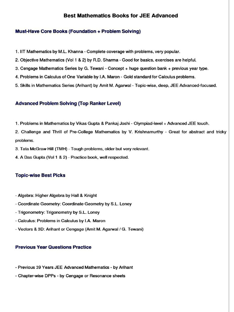 Best JEE Maths Advanced Books | PDF