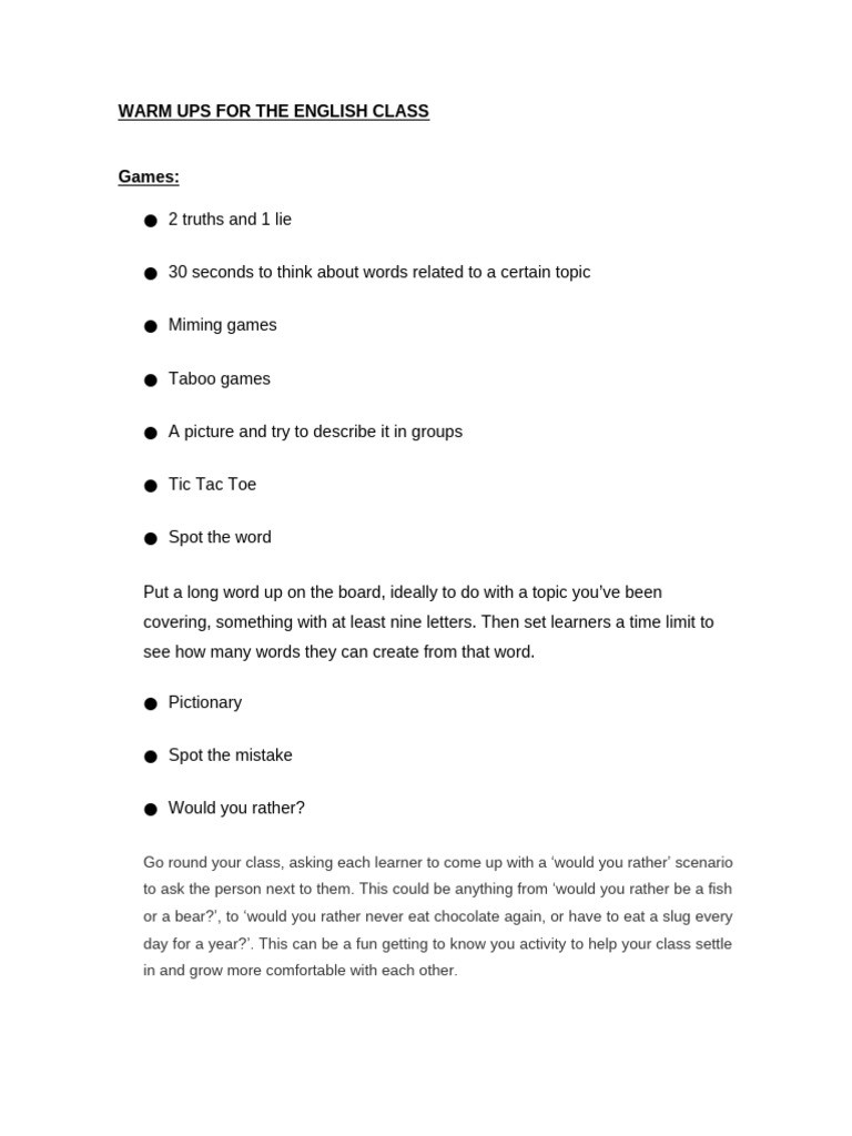 5. Warm Ups for the English Class | PDF