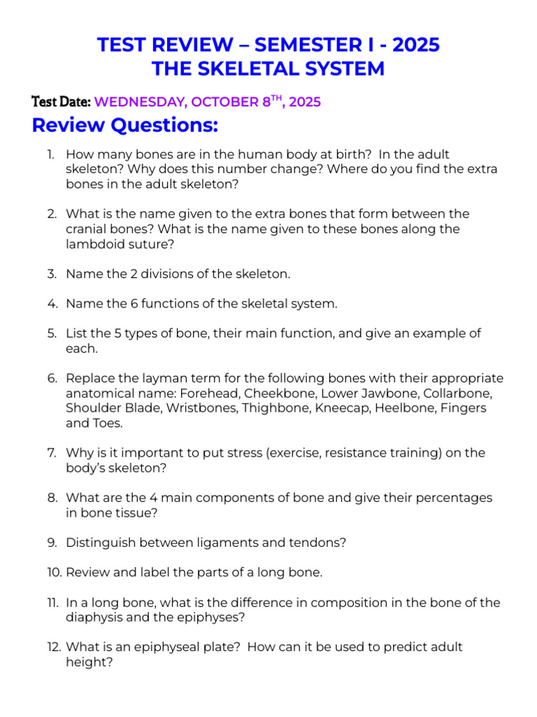 Test#3 - Skeletal System Test Review 2025 | PDF
