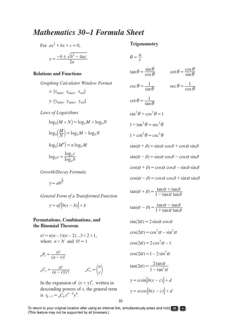 Math 30-1 Diploma Formula Sheet | PDF | Logarithm | Discrete Mathematics