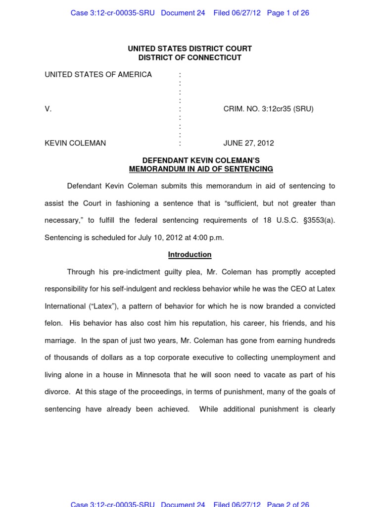Kevin Coleman's Sentencing Memo | PDF | United States Federal ...