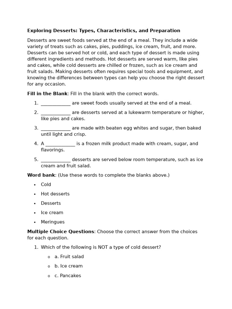 Exploring Desserts Worksheet | PDF | Desserts | Cakes