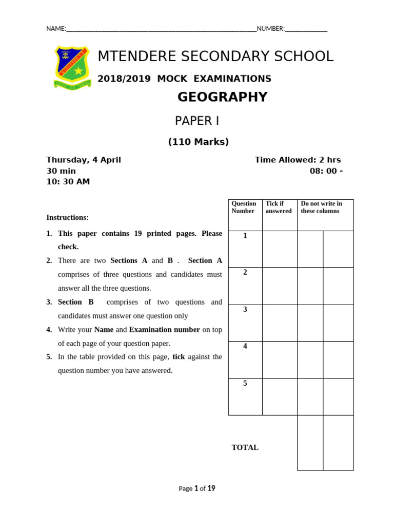 2018 Mtendere Secondary Geography Mock Paper 1 | PDF | Sun | Earth