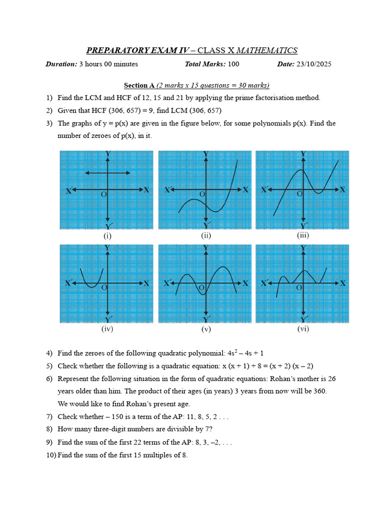 Preparatory Exam I (Mathematics) - Class X (19 Oct 2025) | PDF | Zero ...