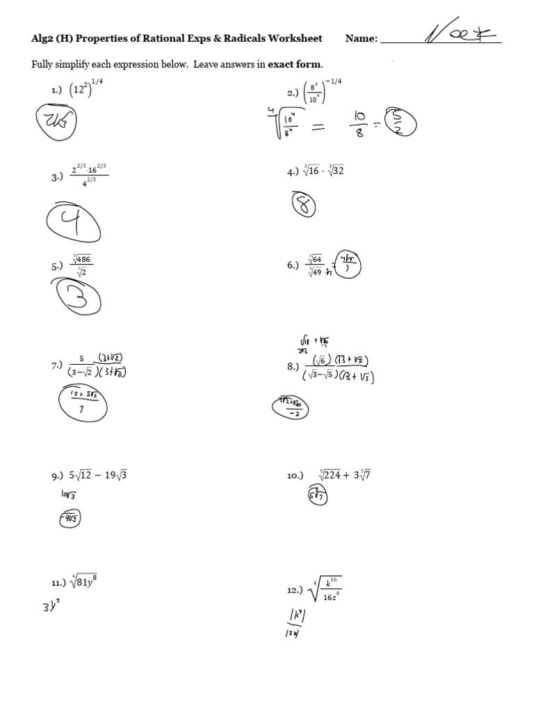 6.09 Properties of Rational Exponents and Radicals Worksheet | PDF ...