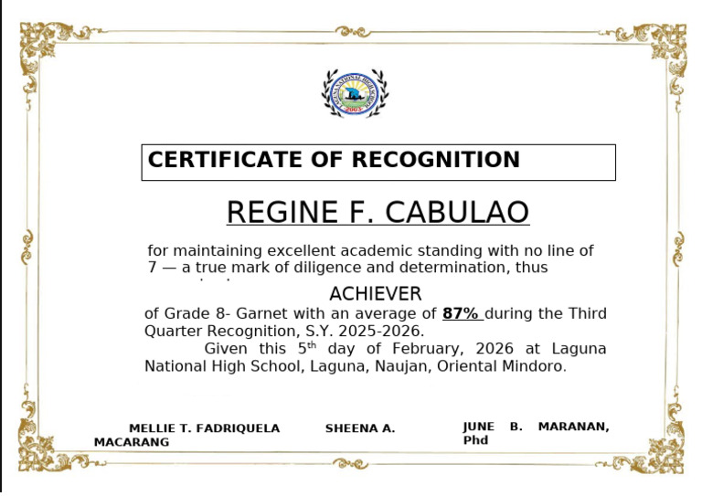 Certificate of Recognition Achiever Third Quarter | PDF