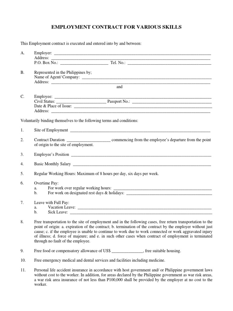 POEA CONTRACT For Various Skills #OFW | PDF