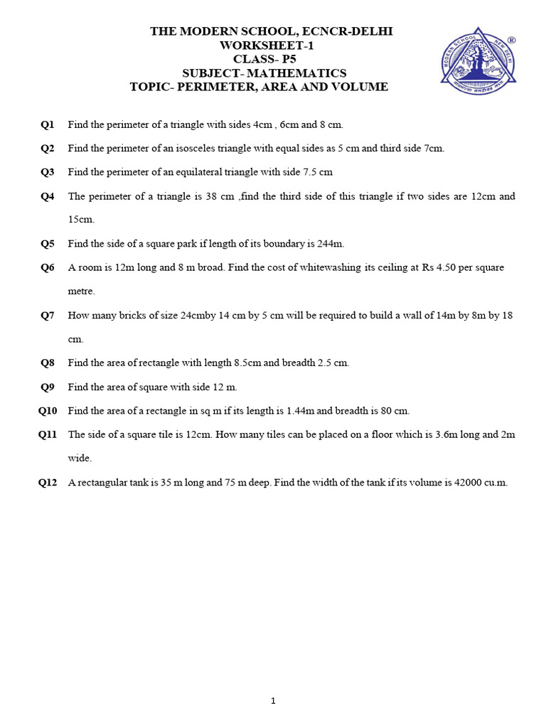P5 MATH Worksheet On Perimeter Area and Volume | PDF