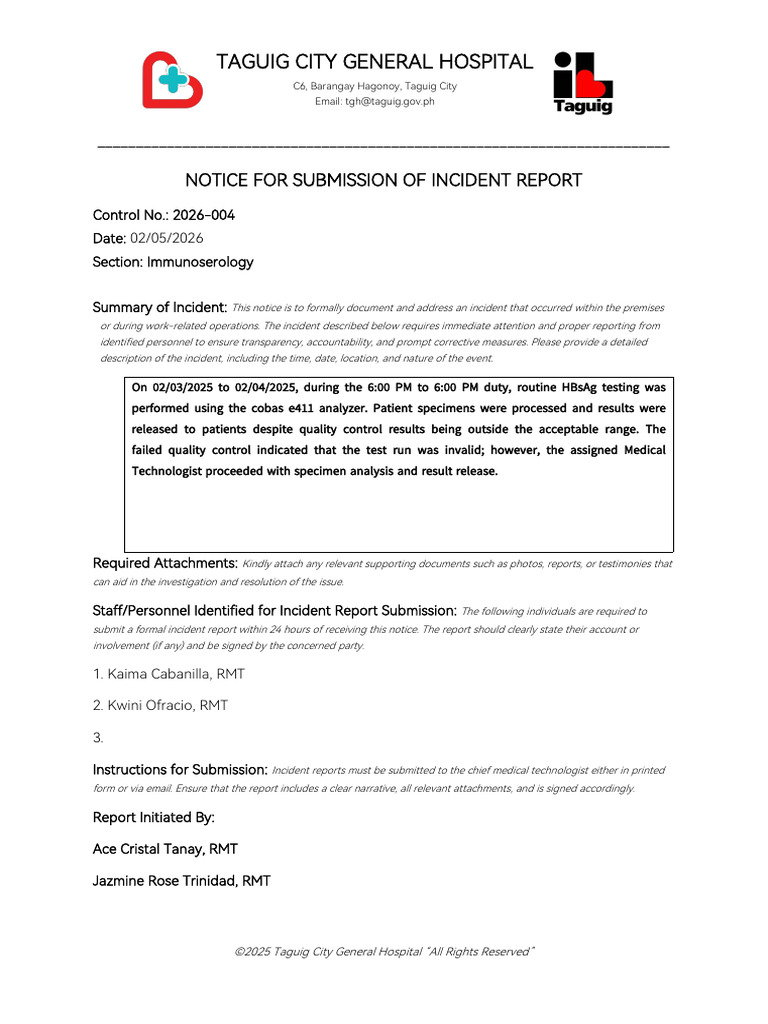 Notice For Submission of Incident Report - 2026-004 | PDF