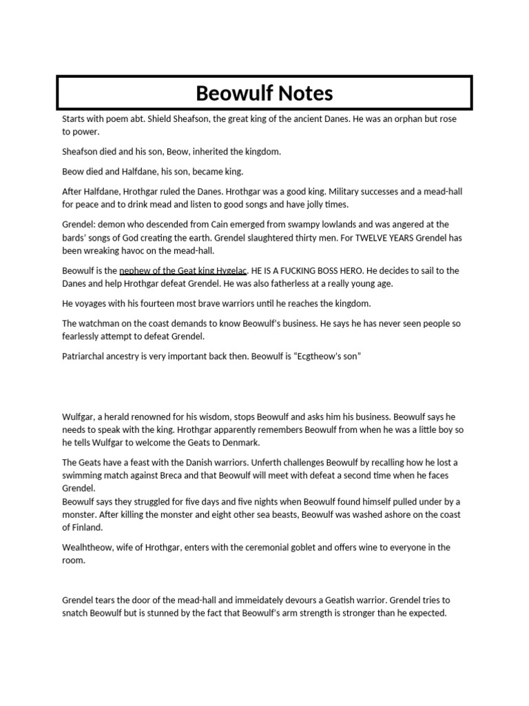 Beowulf Notes for Quiz Wed 10-17 | PDF | Beowulf | Scandinavian Folklore