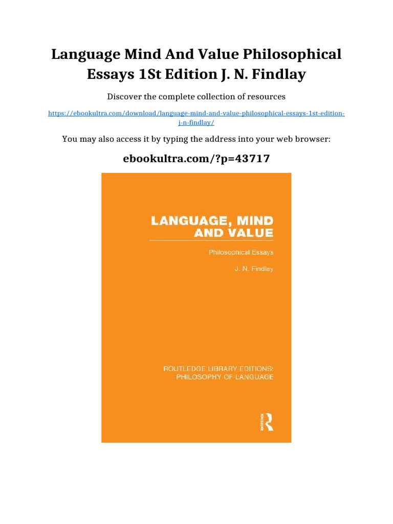 Language Mind and Value Philosophical Essays 1st Edition J. N. Findlay ...