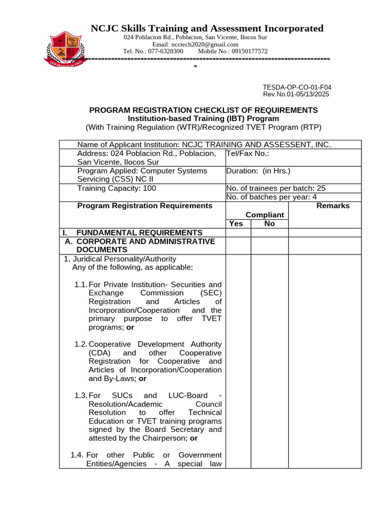 Program Registration Checklist | PDF | Vocational Education