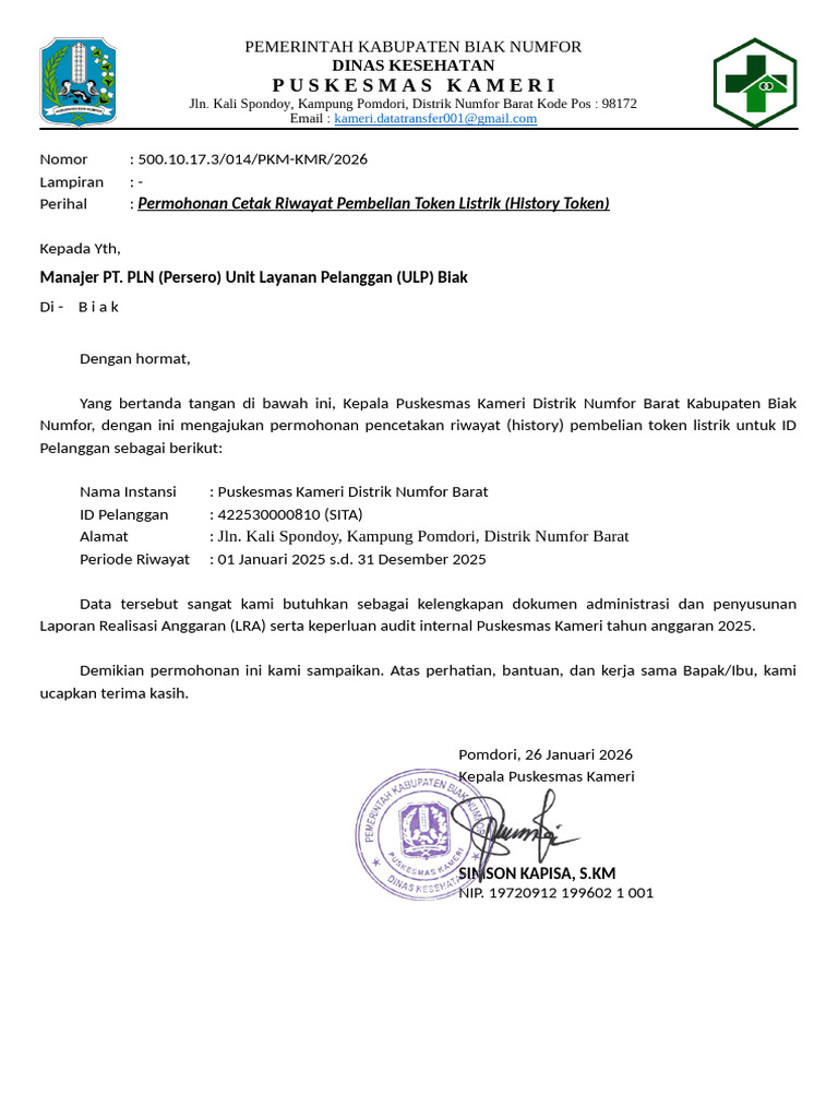 SITA TU Surat Permintaan Dokumen Riwayat Pembelian Token Listrik ...
