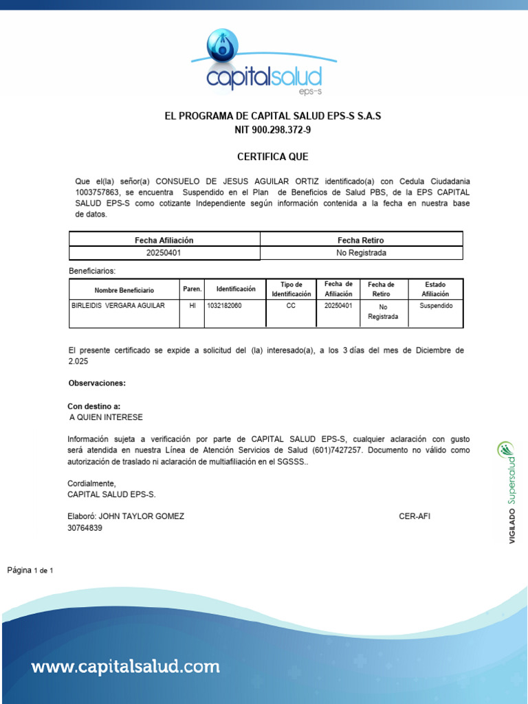 El Programa de Capital Salud Eps-S S.A.S NIT 900.298.372-9 Certifica ...