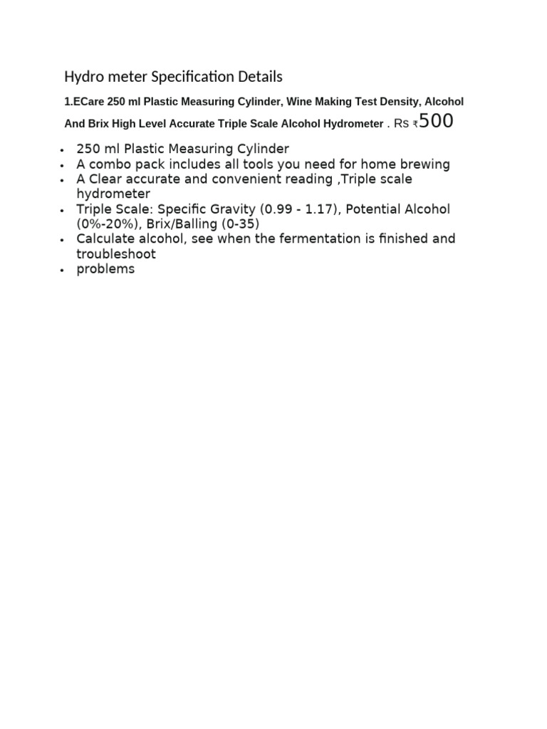 Hydro Meter Specification Details | PDF | Alcoholic Beverages ...