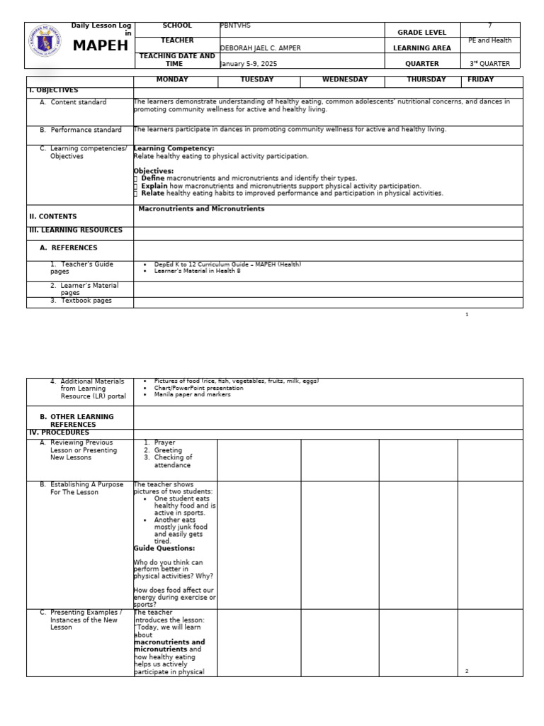 q3 Grade 7 Pe and Health DLL Week 6 | PDF | Nutrients | Nutrition