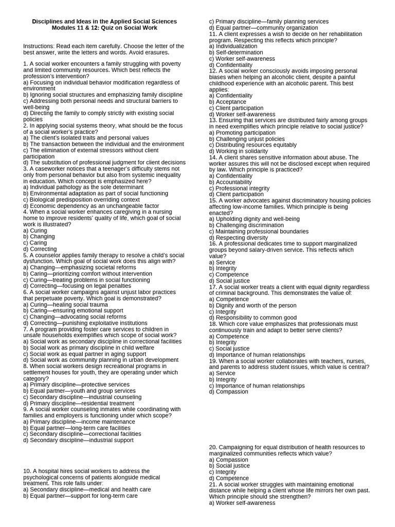 Social Work Quiz Module 11-12 | PDF | Social Work | Social Justice