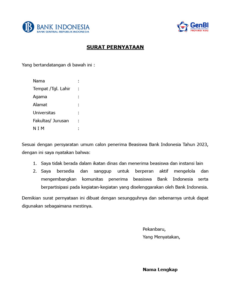 Surat Pernyataan Genbi 2023 | PDF