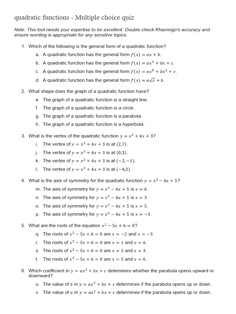 Quadratic Functions Multiple Choice Quiz | PDF | Quadratic Equation ...