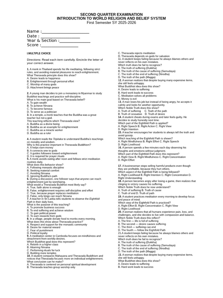 2ND Quarter Exam in World Religion Final | PDF | Noble Eightfold Path ...