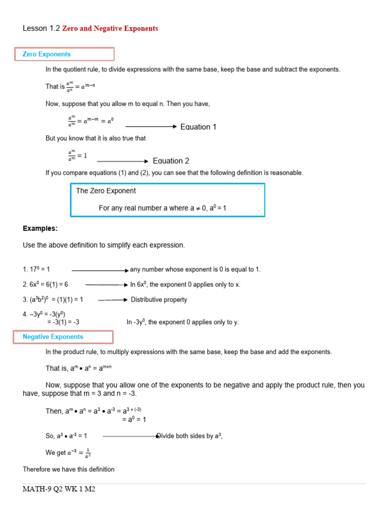 Math9 Q2 W1 M2 Zero Negative Exponents | PDF