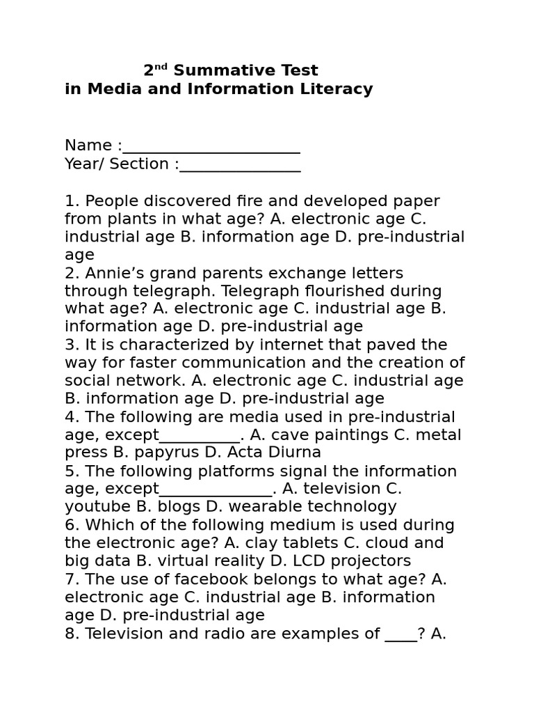2nd Summative Test in Media and Information Literacy | PDF | Mass Media ...