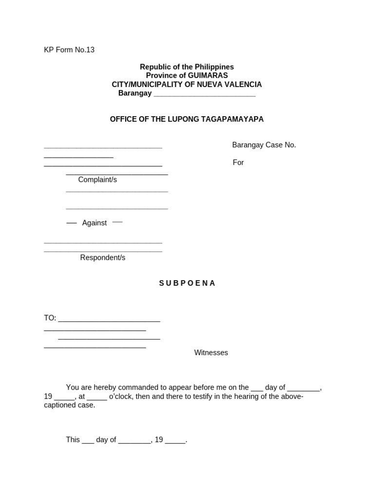 KP Form No 13 Subpoena | PDF