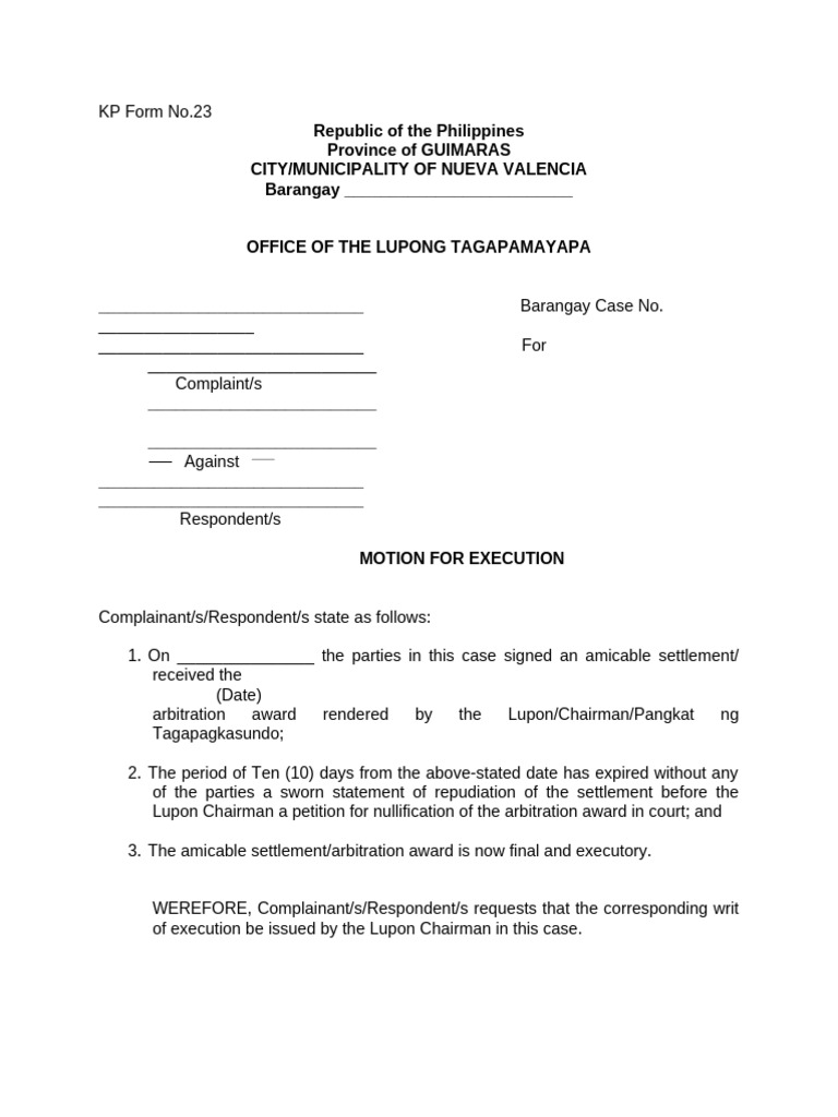 KP Form No 23 Motion For Execution | PDF