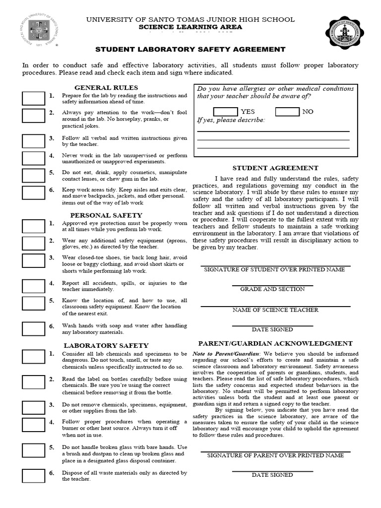 Laboratory Safety Agreement (2) | PDF | Laboratories | Teachers