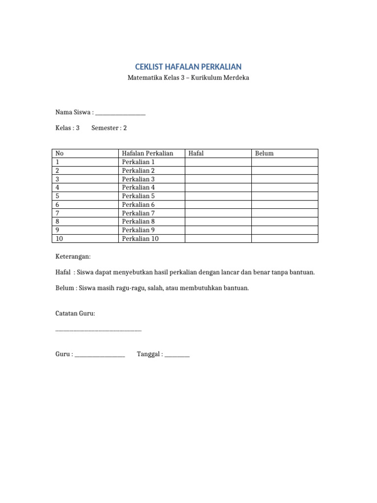 Ceklis Hafalan Perkalian Kelas 3 | PDF