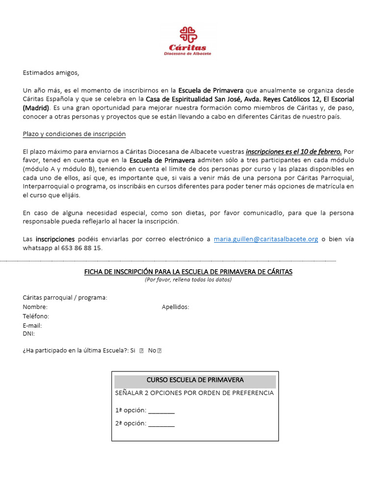 2026 Inscripción Escuela de Primavera | PDF