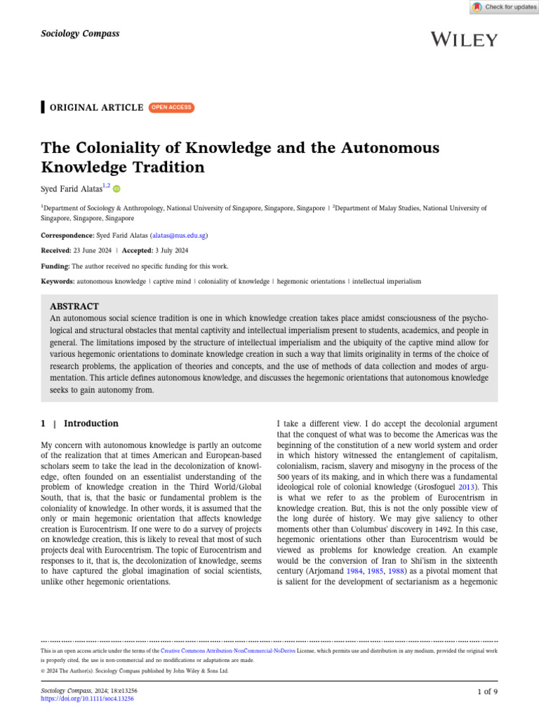 Sociology Compass - 2024 - Alatas - The Coloniality of Knowledge and ...