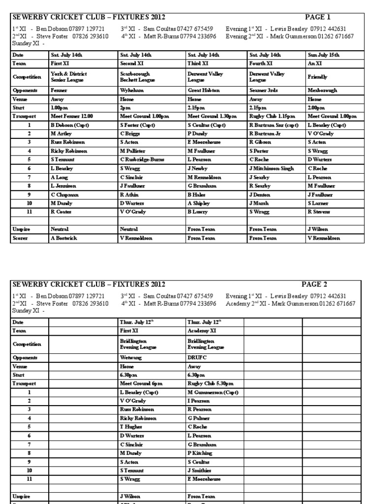 Team Sheets 2012 WK 15 | PDF