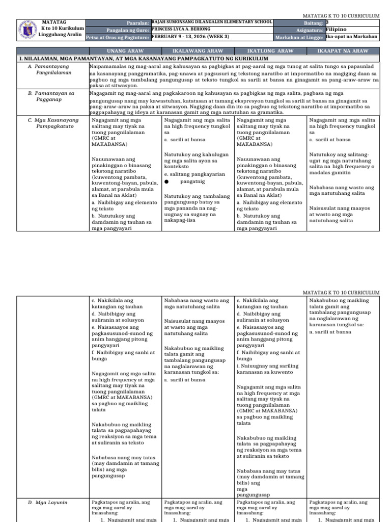 DTC DLL Matatag Filipino 3 q4 w3 | PDF