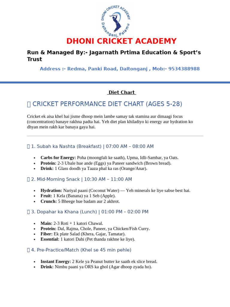 DHONI Cricket Academy Diet Chart | PDF | Foods | Cuisine