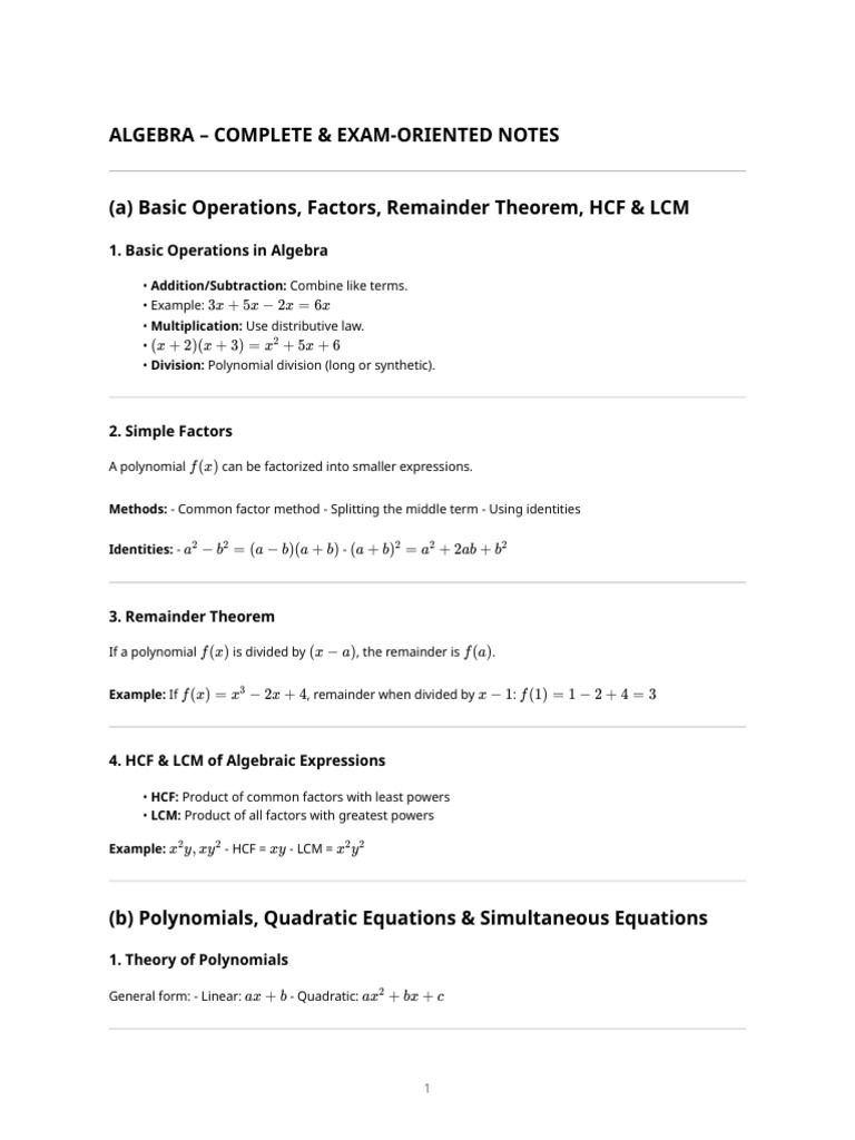 Algebra - Complete Notes (Exam Oriented) | PDF | Quadratic Equation ...