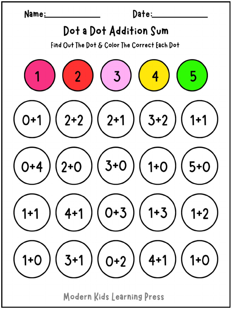 Dot A Dot Addition Math - Find & Color The Correct Dot | PDF