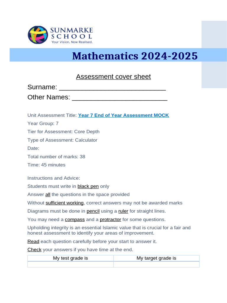 Y7 EoY Mock 1 | PDF | Mathematics