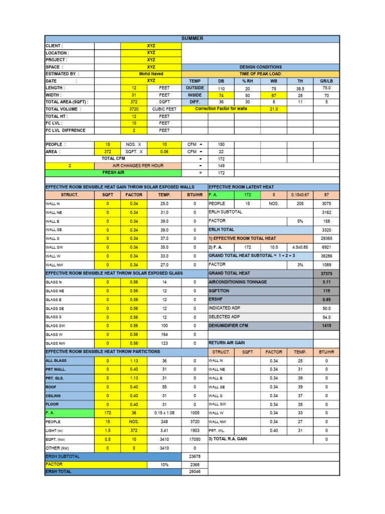 HVAC Heat Load Sheet for Fresher Engineer in the Industry | PDF | Civil ...