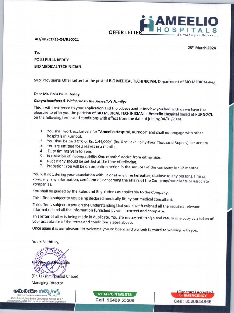 20055-BM-026 Pullareddy Appointment Letter | PDF