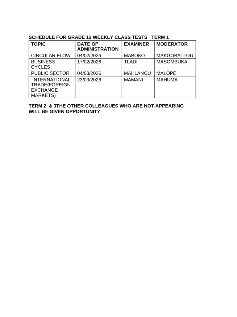 MRT Schedule For Grade 12 Weekly Class Tests-1 | PDF