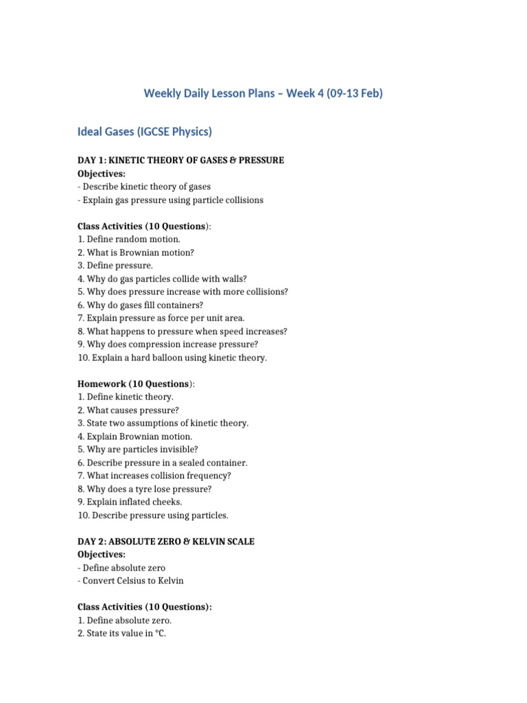 Weekly Ideal Gases Lesson Plan (Week 4-9-13feb) | PDF | Gases | Temperature