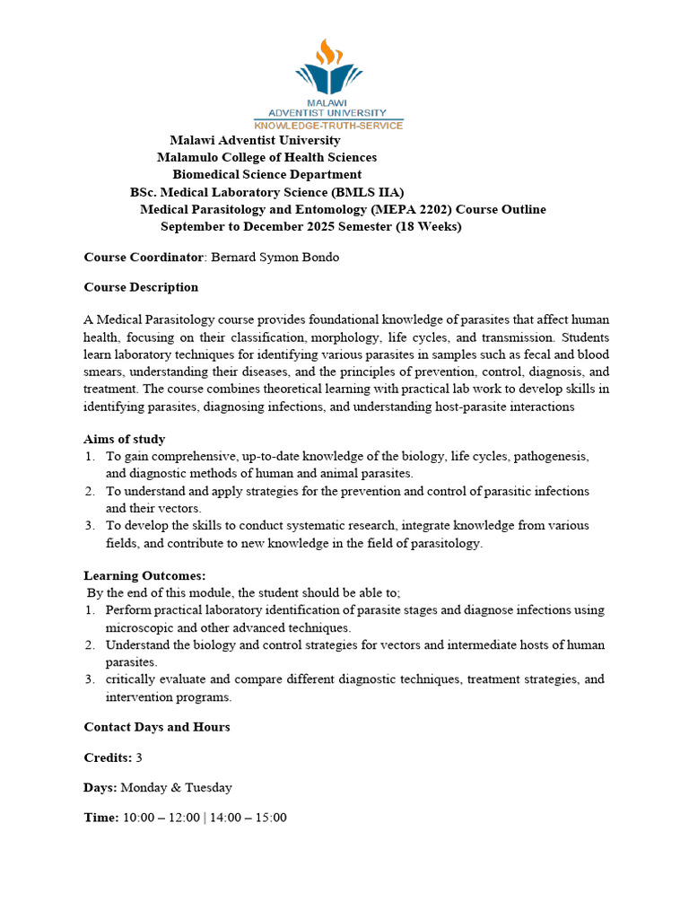 PARASITOLOGY (MEPA 2202) - Course Outline | PDF | Parasitism | Infection