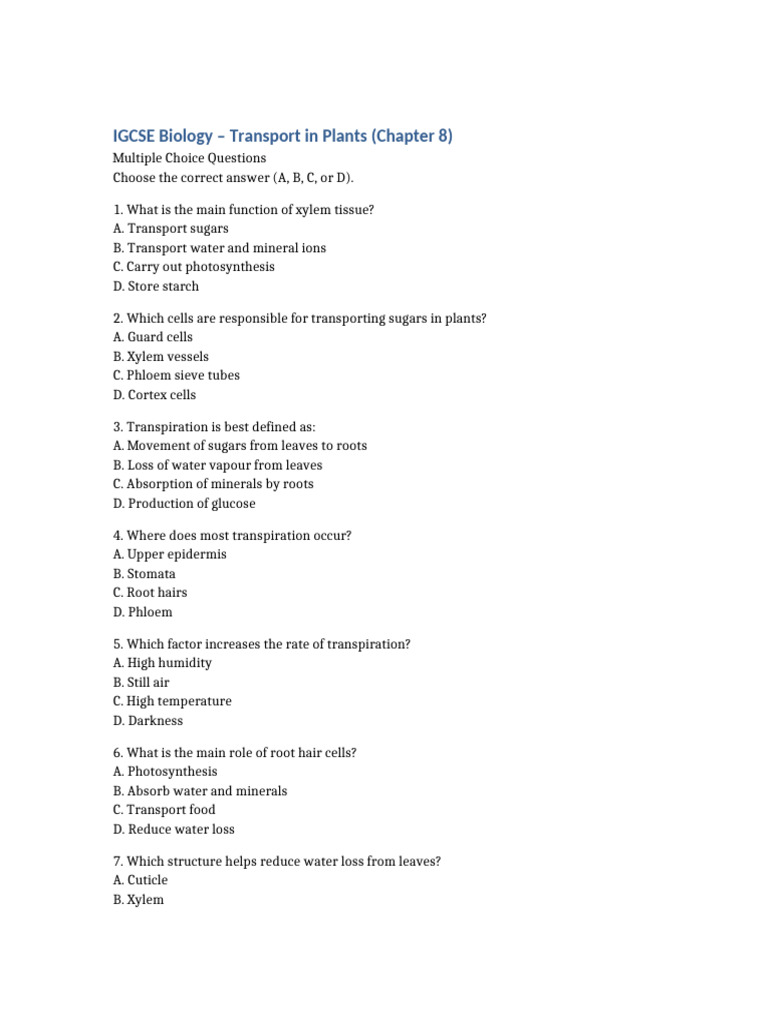 IGCSE Biology Transport in Plants MCQs | PDF | Leaf | Stoma